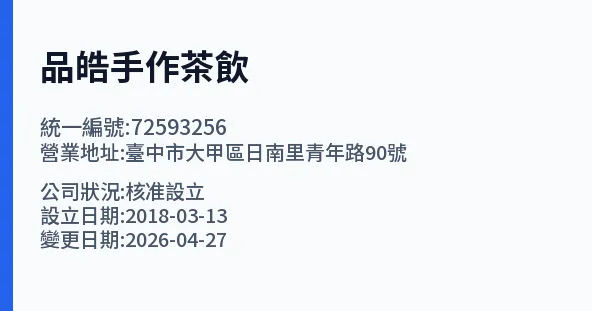 品皓手作茶飲的照片-統編 72593256(臺中市) 公司登記資料與營業項目詳細圖表