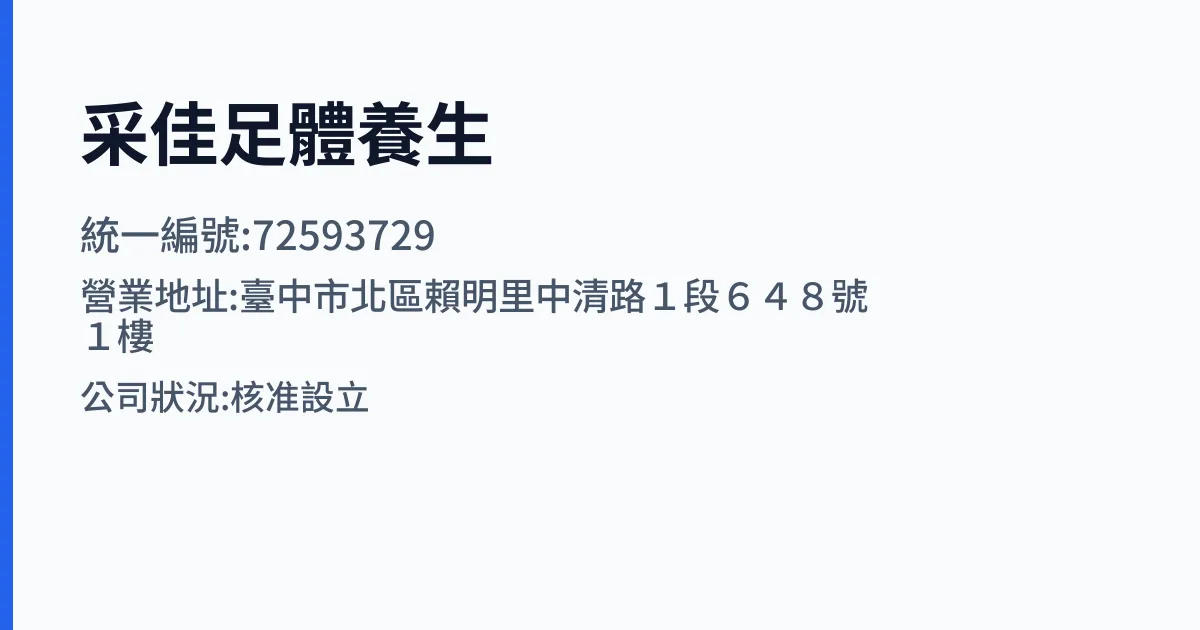 采佳足體養生 - 統編 72593729(臺中市) 公司登記資料與營業項目詳細圖表