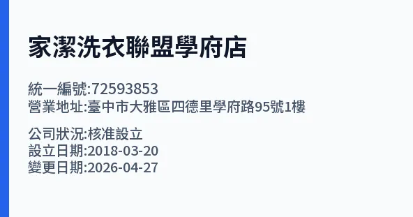 家潔洗衣聯盟學府店的照片-統編 72593853(臺中市) 公司登記資料與營業項目詳細圖表