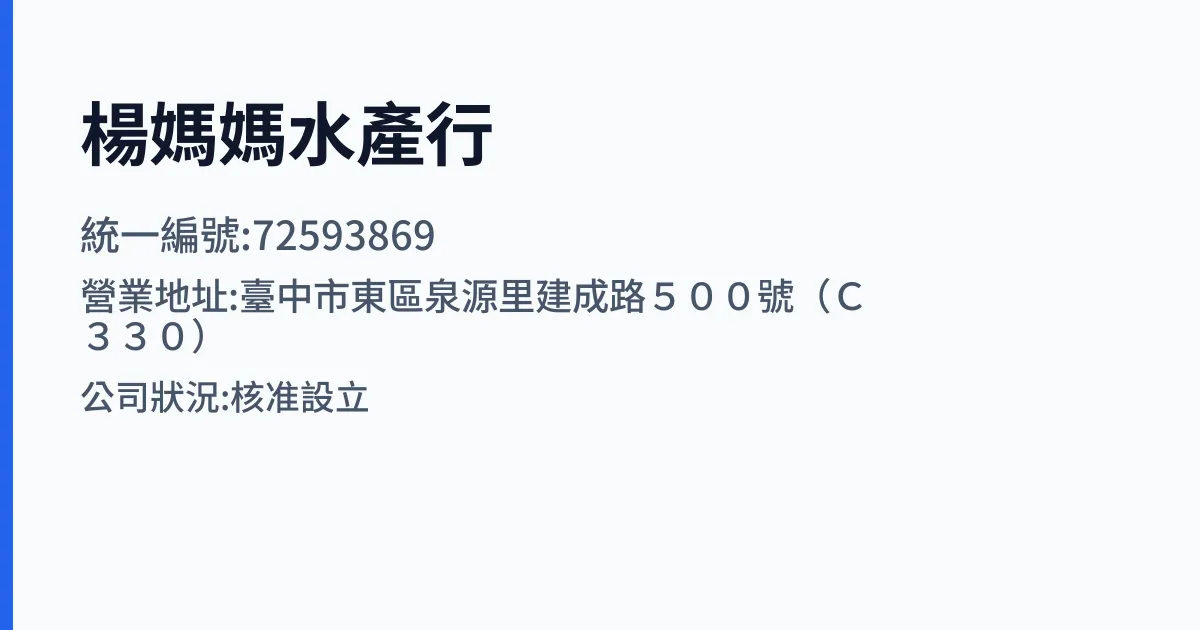 楊媽媽水產行 - 統編 72593869（臺中市） 公司登記資料與營業項目詳細圖表