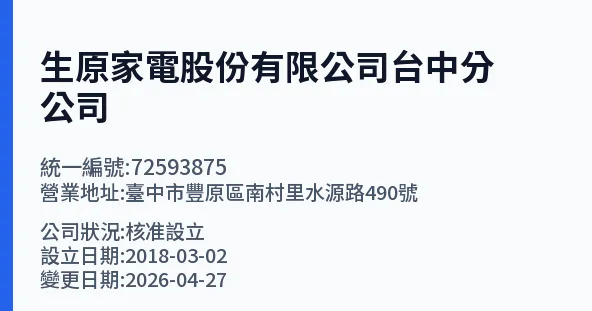 生原家電股份有限公司台中分公司的照片-統編 72593875(臺中市) 公司登記資料與營業項目詳細圖表