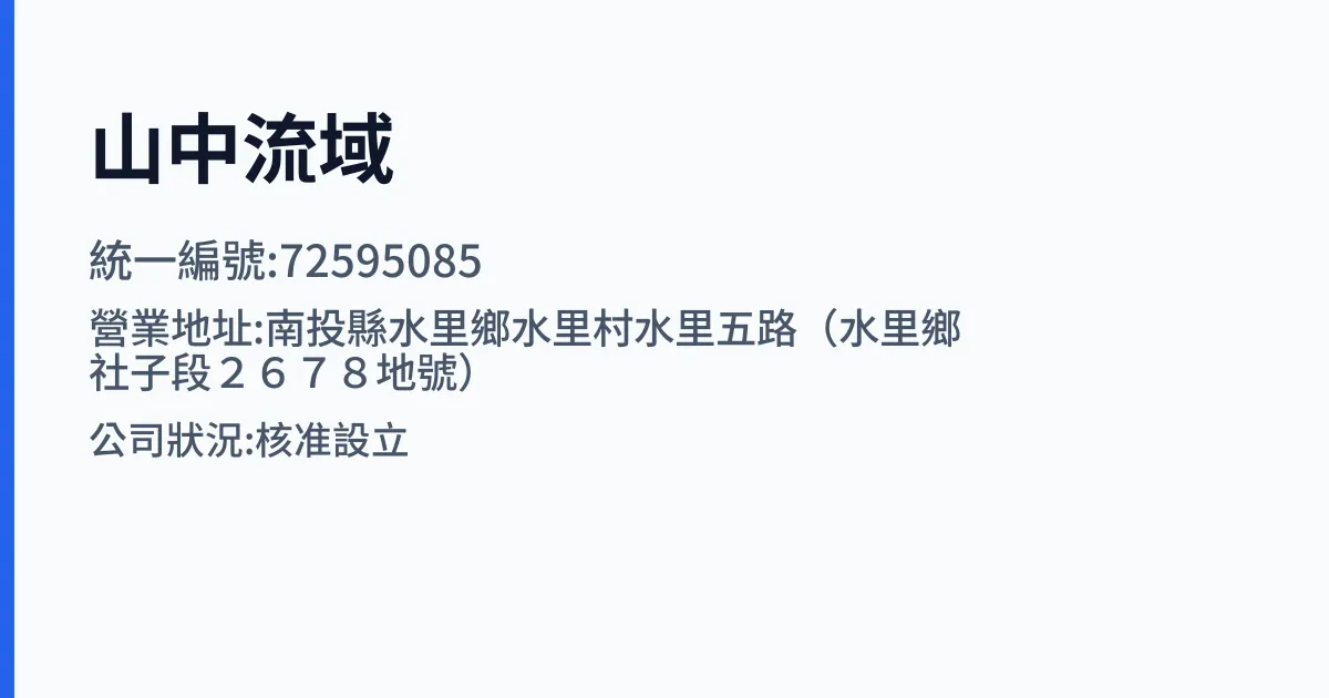 山中流域 - 統編 72595085(南投縣) 公司登記資料與營業項目詳細圖表
