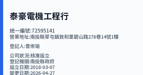 泰豪電機工程行的照片-統編 72595141(南投縣) 公司登記資料與營業項目詳細圖表