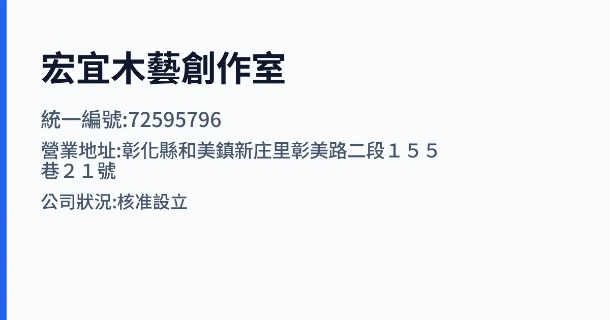 宏宜木藝創作室 - 統編 72595796(彰化縣) 公司登記資料與營業項目詳細圖表