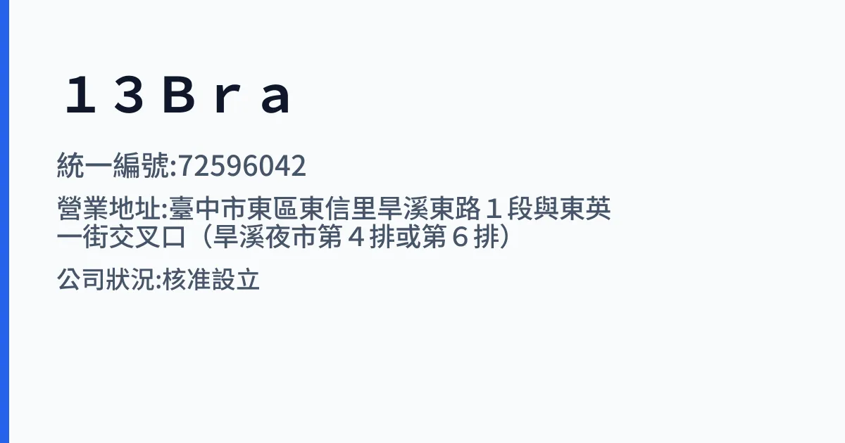 13Bra - 統編 72596042(臺中市) 公司登記資料與營業項目詳細圖表