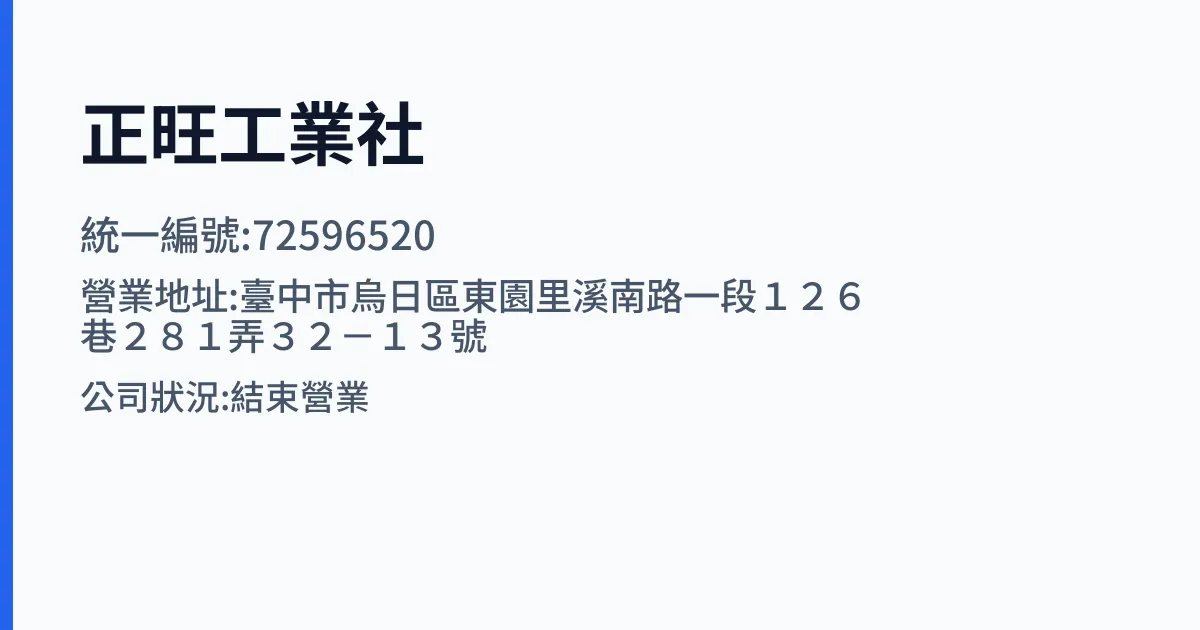 正旺工業社 - 統編 72596520(臺中市) 公司登記資料與營業項目詳細圖表