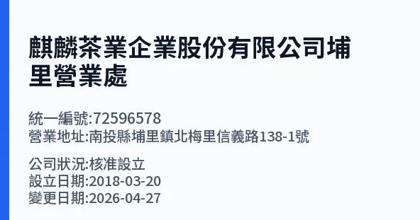 麒麟茶業企業股份有限公司埔里營業處的照片-統編 72596578(南投縣) 公司登記資料與營業項目詳細圖表