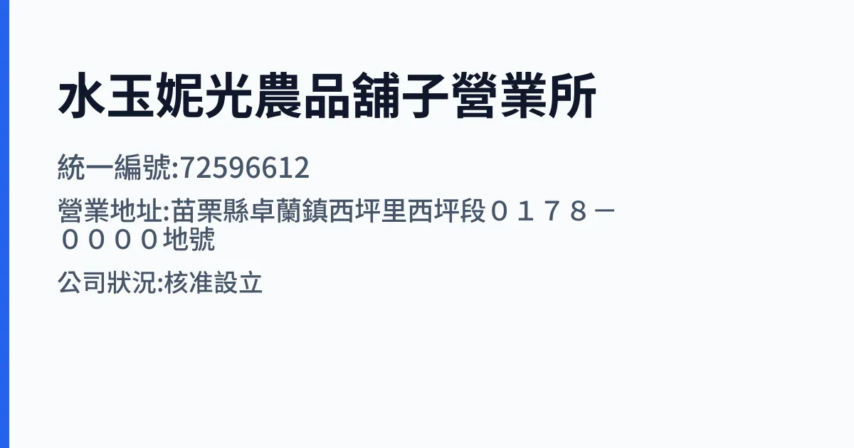 水玉妮光農品舖子營業所 - 統編 72596612（苗栗縣） 公司登記資料與營業項目詳細圖表