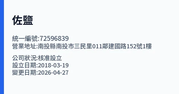 佐鹽的照片-統編 72596839(南投縣) 公司登記資料與營業項目詳細圖表