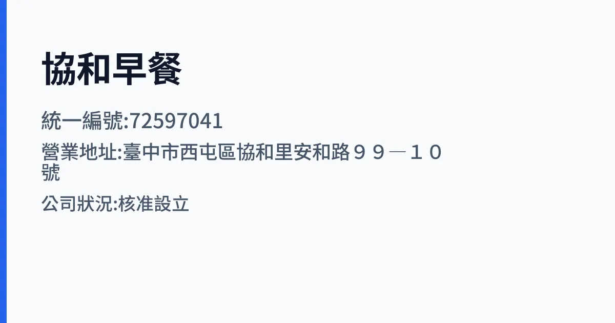 協和早餐 - 統編 72597041(臺中市) 公司登記資料與營業項目詳細圖表