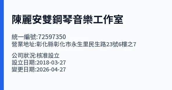 陳麗安雙鋼琴音樂工作室的照片-統編 72597350(彰化縣) 公司登記資料與營業項目詳細圖表