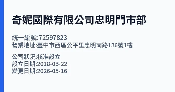 奇妮國際有限公司忠明門市部的照片-統編 72597823(臺中市) 公司登記資料與營業項目詳細圖表