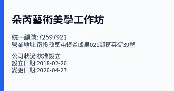 朵芮藝術美學工作坊的照片-統編 72597921(南投縣) 公司登記資料與營業項目詳細圖表