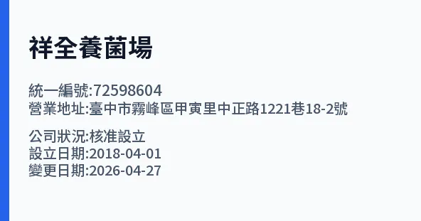 祥全養菌場的照片-統編 72598604(臺中市) 公司登記資料與營業項目詳細圖表