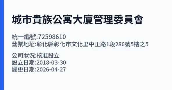 城市貴族公寓大廈管理委員會的照片-統編 72598610(彰化縣) 公司登記資料與營業項目詳細圖表