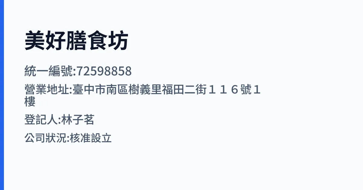 美好膳食坊 - 統編 72598858(臺中市) 公司登記資料與營業項目詳細圖表