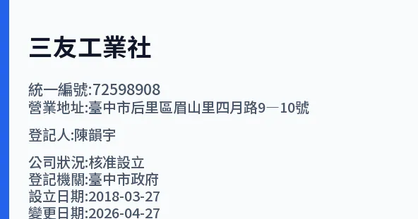 三友工業社的照片-統編 72598908(臺中市) 公司登記資料與營業項目詳細圖表