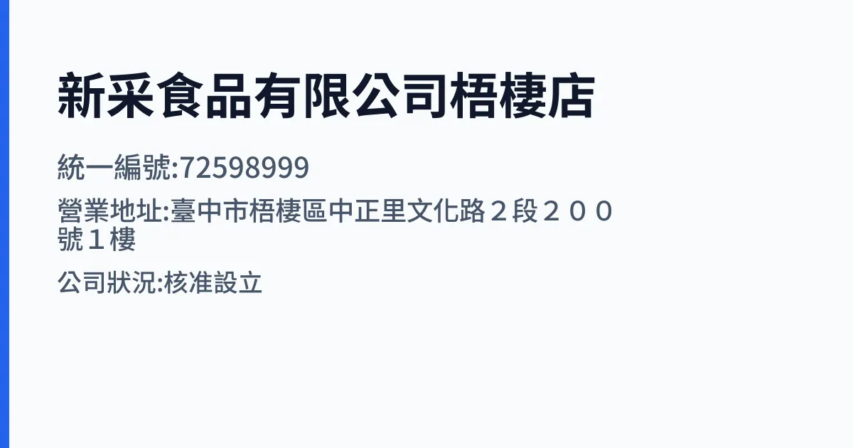 新采食品有限公司梧棲店 - 統編 72598999（臺中市） 公司登記資料與營業項目詳細圖表