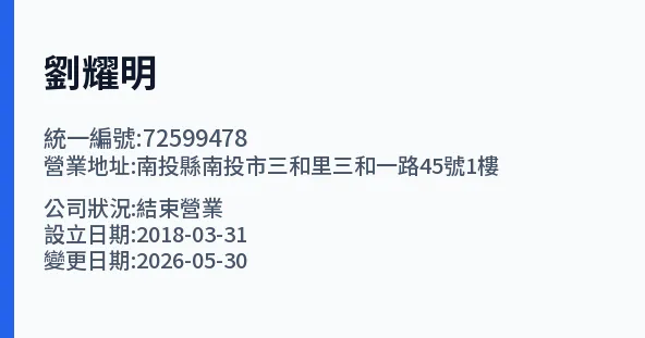 劉耀明的照片-統編 72599478(南投縣) 公司登記資料與營業項目詳細圖表