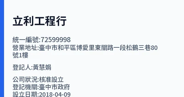 立利工程行的照片-統編 72599998(臺中市) 公司登記資料與營業項目詳細圖表