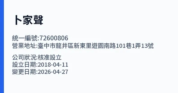 卜家聲的照片-統編 72600806(臺中市) 公司登記資料與營業項目詳細圖表
