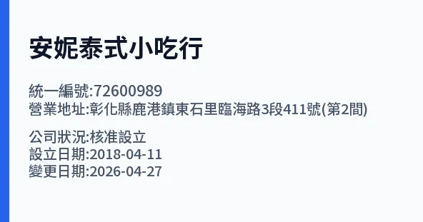 安妮泰式小吃行的照片-統編 72600989(彰化縣) 公司登記資料與營業項目詳細圖表