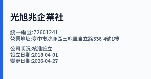 光旭兆企業社的照片-統編 72601241(臺中市) 公司登記資料與營業項目詳細圖表
