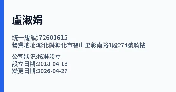 盧淑娟的照片-統編 72601615(彰化縣) 公司登記資料與營業項目詳細圖表