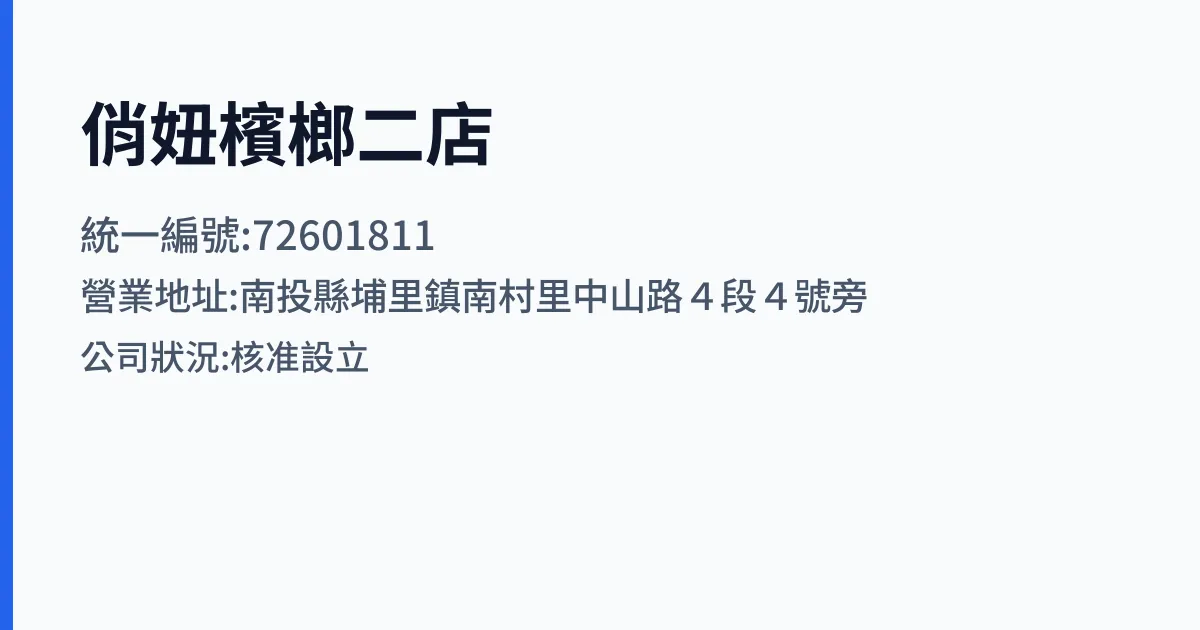 俏妞檳榔二店 - 統編 72601811(南投縣) 公司登記資料與營業項目詳細圖表