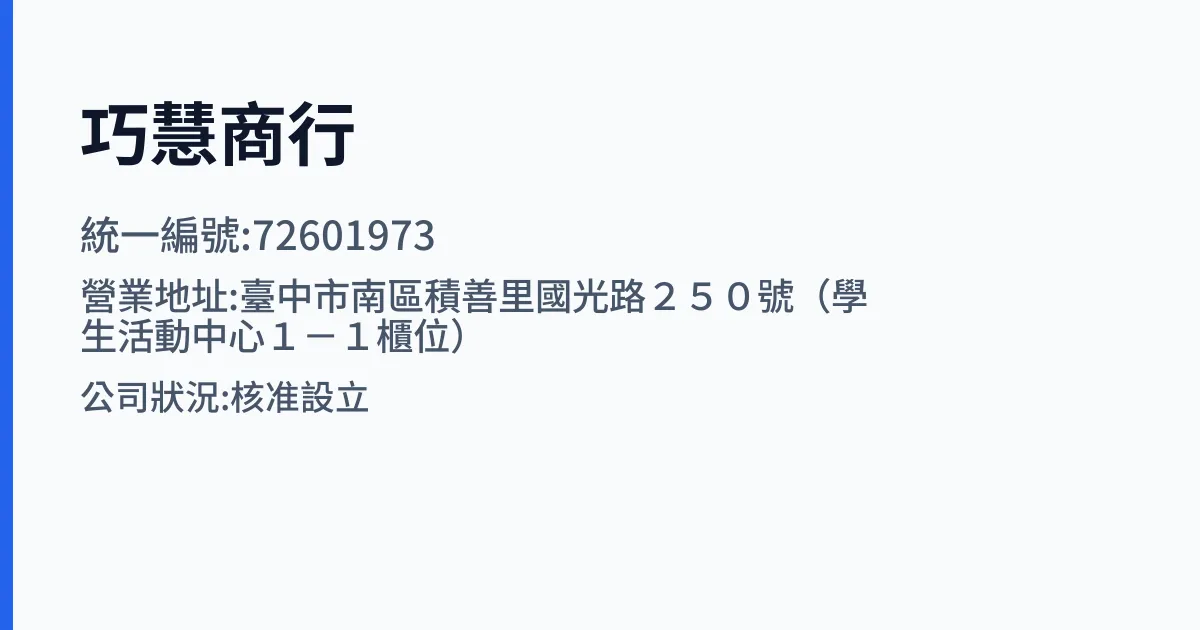 巧慧商行 - 統編 72601973(臺中市) 公司登記資料與營業項目詳細圖表