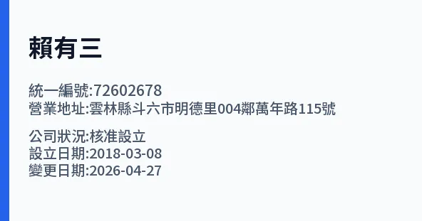 賴有三的照片-統編 72602678(雲林縣) 公司登記資料與營業項目詳細圖表