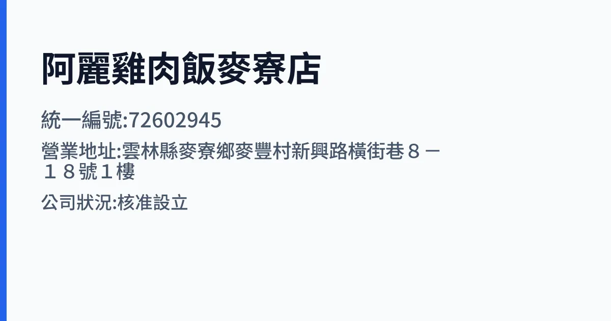 阿麗雞肉飯麥寮店 - 統編 72602945(雲林縣) 公司登記資料與營業項目詳細圖表