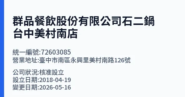 群品餐飲股份有限公司石二鍋台中美村南店的照片-統編 72603085(臺中市) 公司登記資料與營業項目詳細圖表