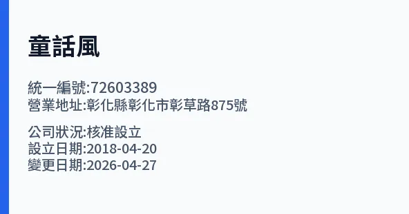 童話風的照片-統編 72603389(彰化縣) 公司登記資料與營業項目詳細圖表