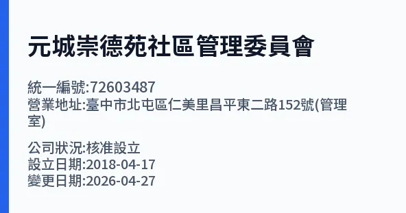 元城崇德苑社區管理委員會的照片-統編 72603487(臺中市) 公司登記資料與營業項目詳細圖表