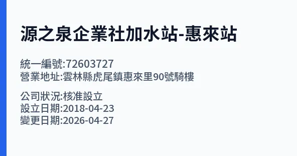 源之泉企業社加水站-惠來站的照片-統編 72603727(雲林縣) 公司登記資料與營業項目詳細圖表