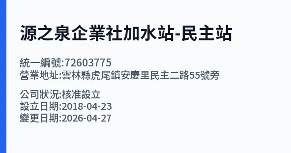 源之泉企業社加水站-民主站的照片-統編 72603775(雲林縣) 公司登記資料與營業項目詳細圖表