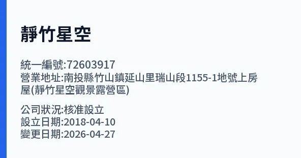 靜竹星空的照片-統編 72603917(南投縣) 公司登記資料與營業項目詳細圖表