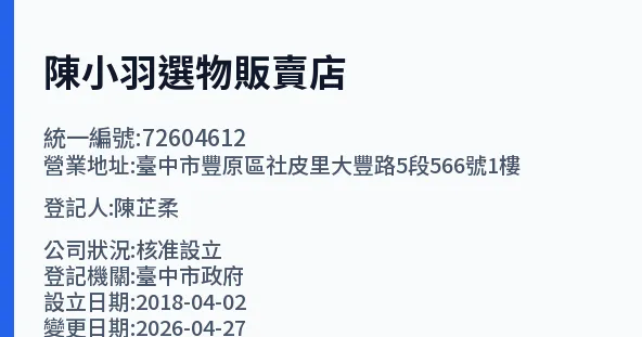 陳小羽選物販賣店的照片-統編 72604612(臺中市) 公司登記資料與營業項目詳細圖表