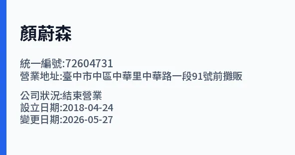 顏蔚森的照片-統編 72604731(臺中市) 公司登記資料與營業項目詳細圖表