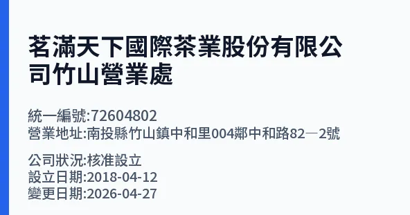 茗滿天下國際茶業股份有限公司竹山營業處的照片-統編 72604802(南投縣) 公司登記資料與營業項目詳細圖表