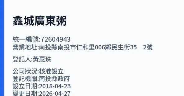 鑫城廣東粥的照片-統編 72604943(南投縣) 公司登記資料與營業項目詳細圖表