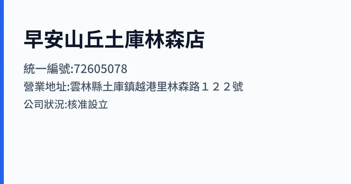 早安山丘土庫林森店 - 統編 72605078(雲林縣) 公司登記資料與營業項目詳細圖表