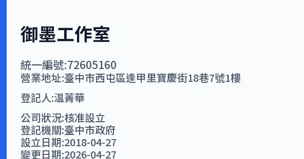 御墨工作室的照片-統編 72605160(臺中市) 公司登記資料與營業項目詳細圖表
