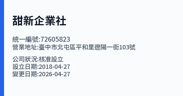 甜新企業社的照片-統編 72605823(臺中市) 公司登記資料與營業項目詳細圖表