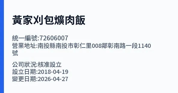 黃家刈包爌肉飯的照片-統編 72606007(南投縣) 公司登記資料與營業項目詳細圖表