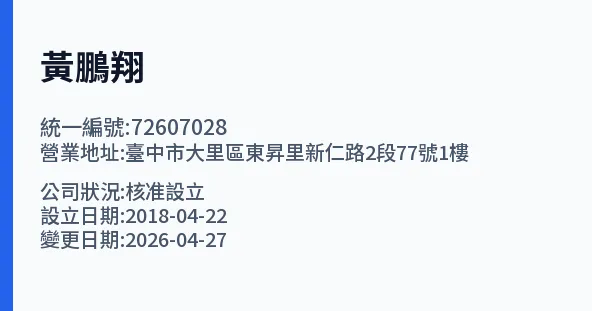 黃鵬翔的照片-統編 72607028(臺中市) 公司登記資料與營業項目詳細圖表