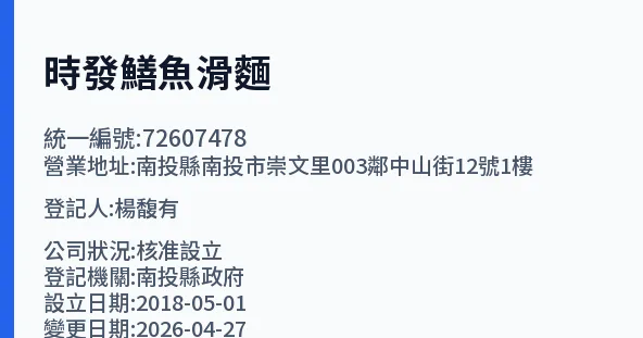 時發鱔魚滑麵的照片-統編 72607478(南投縣) 公司登記資料與營業項目詳細圖表