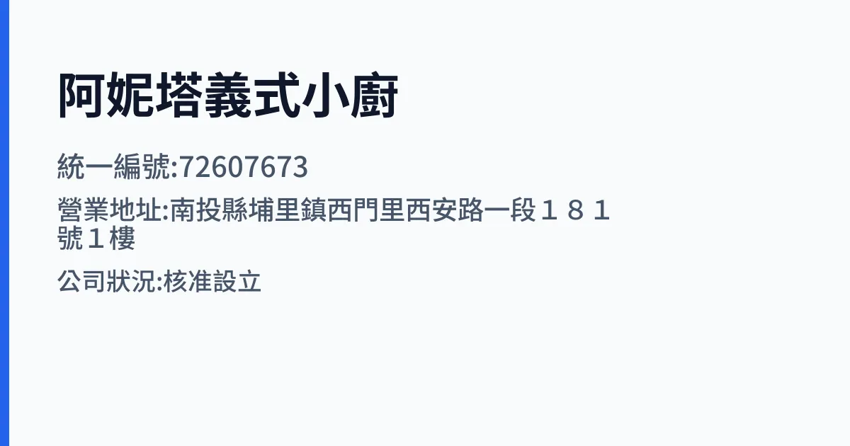 阿妮塔義式小廚 - 統編 72607673(南投縣) 公司登記資料與營業項目詳細圖表