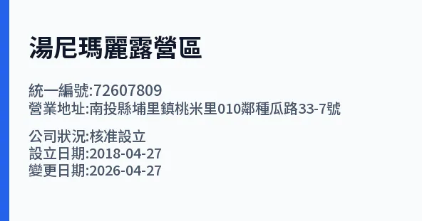 湯尼瑪麗露營區的照片-統編 72607809(南投縣) 公司登記資料與營業項目詳細圖表